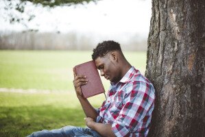 Man Praying With Bible Under Tree