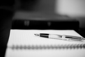 Bible, Notebook & Pen Black and White